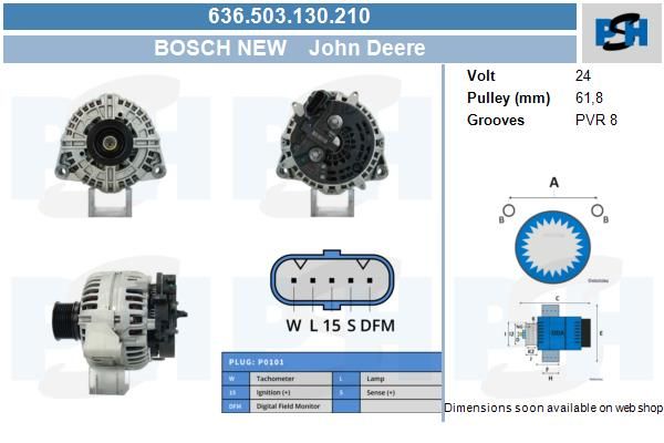 Lichtmaschine John Deere 130A, 0124655033, 636503130, FF101774, | GTS ...